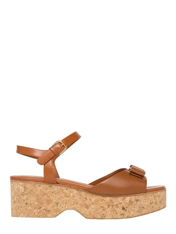 FERRAGAMO Selna Leather Bow Platform Sandals - Cognac