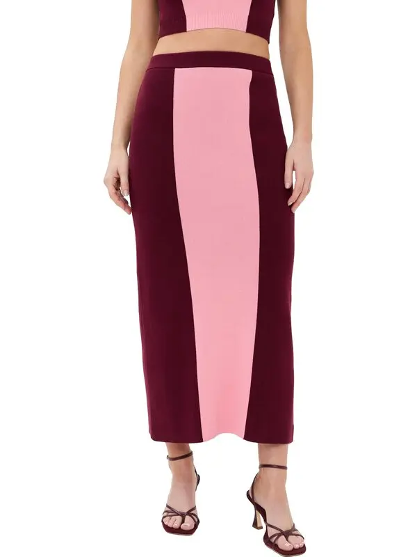 LE BOP Colorblocked Knit Skirt - Burgundy & Flamingo