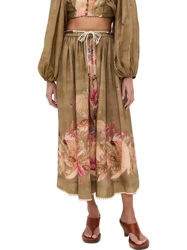 Zimmermann Ascension Midi Skirt - Khaki Palm Floral