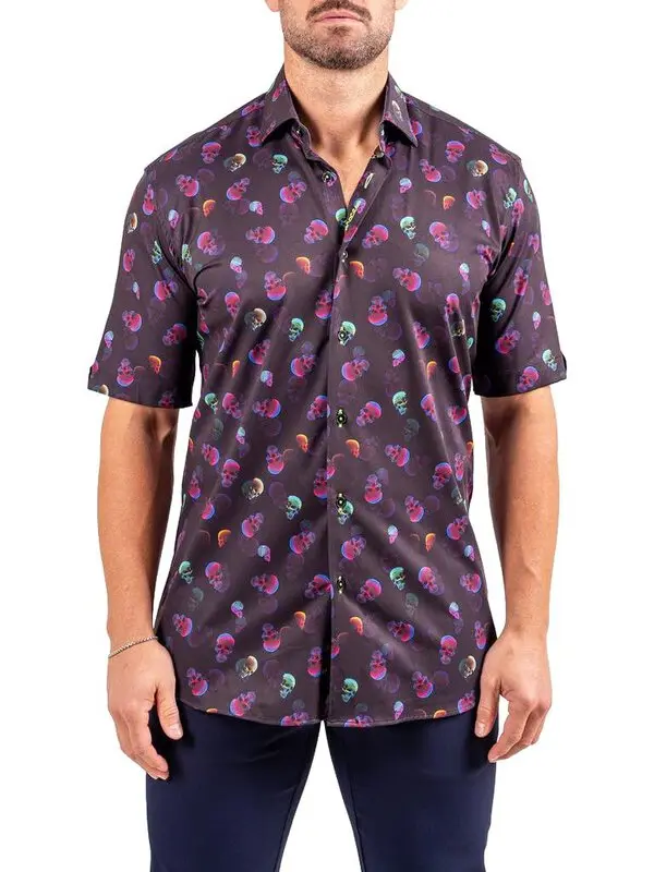 MACEOO Galileo Resistance0347 Skull Print Short Sleeve Cotton Button-up Shirt - Black
