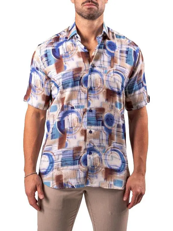 MACEOO Galileo Resistance Abstract Print Short Sleeve Button-up Shirt - Brown