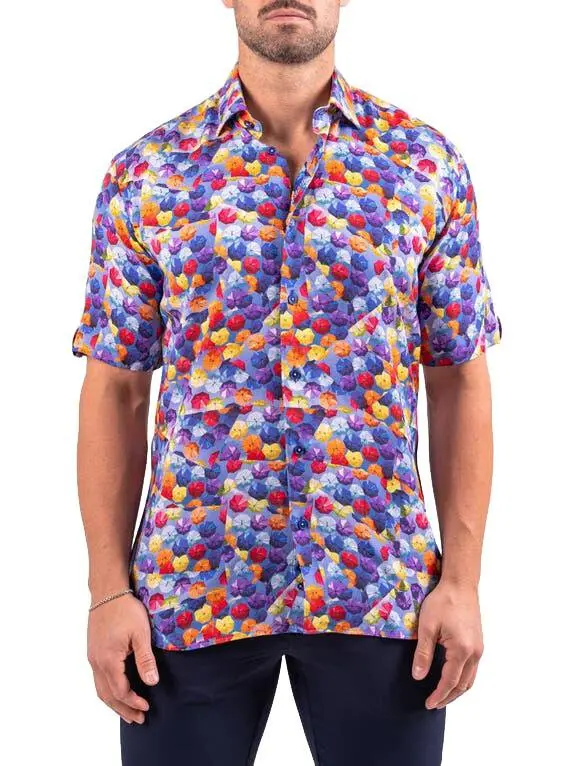 MACEOO Galileo Resistance Umbrella Print Short Sleeve Button-up Shirt - Blue