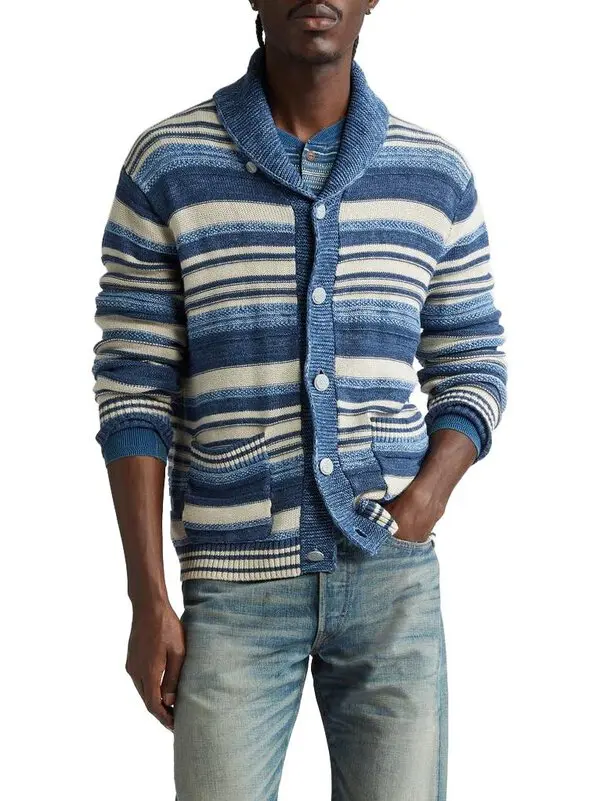 Double Rl Indigo Stripe Cotton & Linen Cardigan - Indigo/ Multi