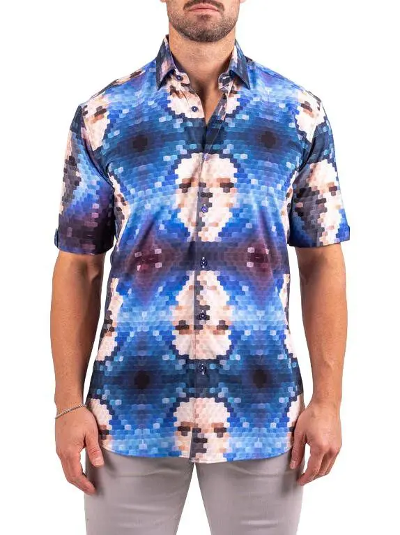 MACEOO Galileo Resistance2201 Pixelated Face Print Short Sleeve Button-up Shirt - Blue