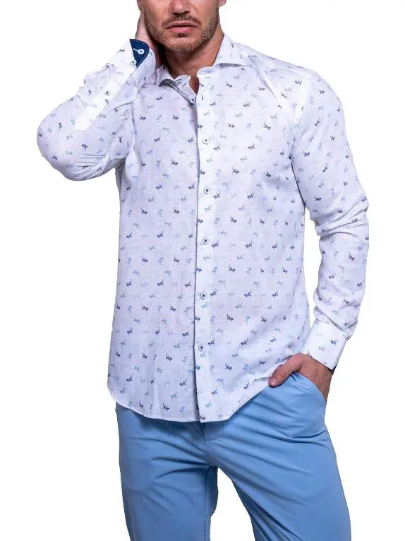 MACEOO Einstein Resistance Contemporary Fit Lizard Print Linen & Cotton Button-up Shirt - White