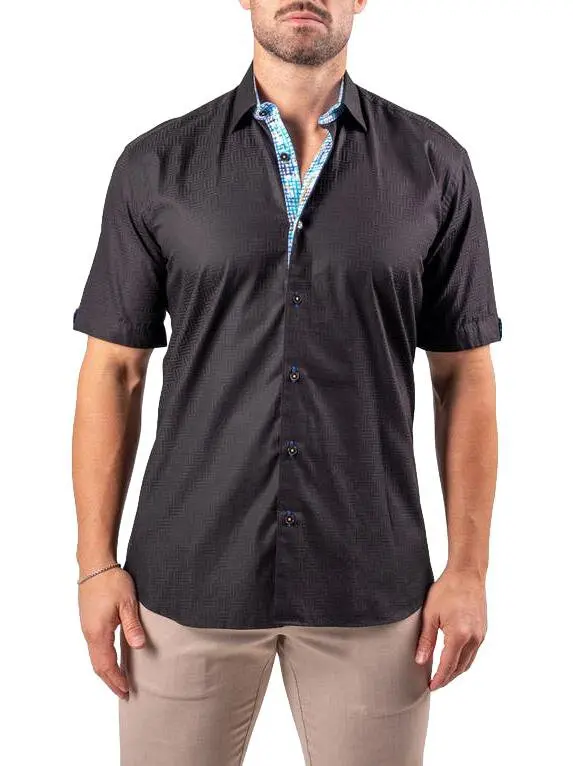 MACEOO Galileo Resistance0144 Geo Jacquard Short Sleeve Cotton Button-up Shirt - Black