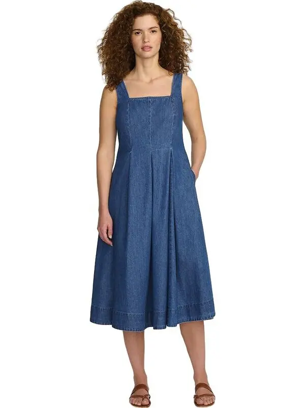 LANDS' END Pleated Square Neck Midi Dress - Lima Blue