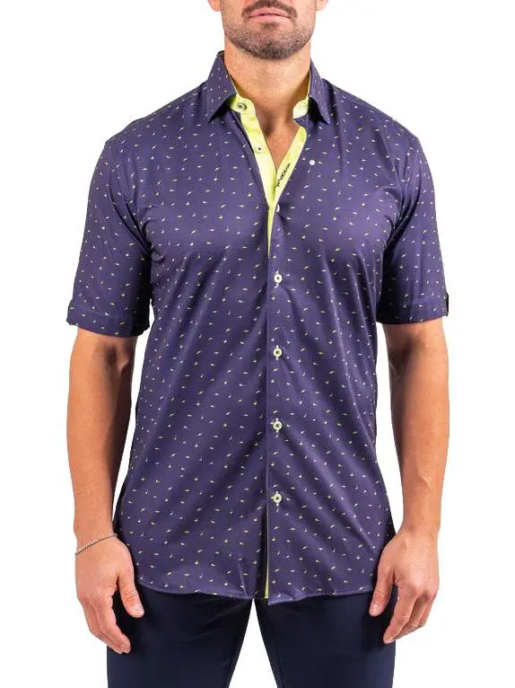 MACEOO Galileo Resistance Shark Print Short Sleeve Button-up Shirt - Blue