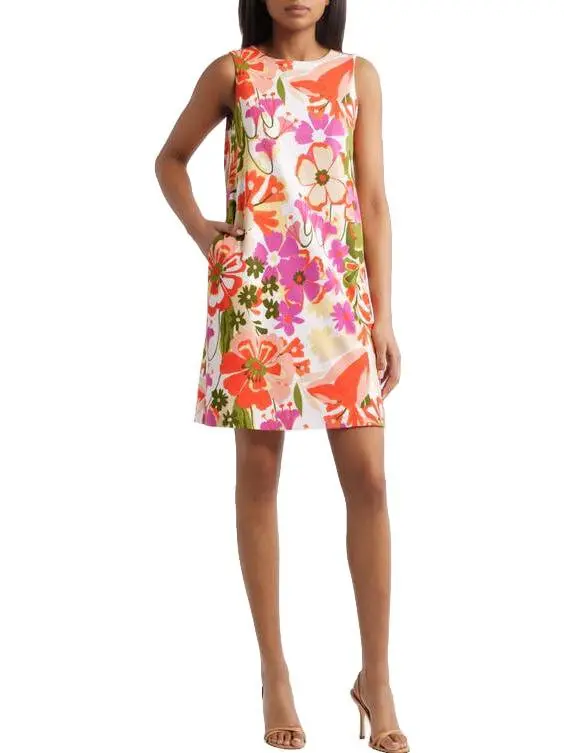 Anne Klein Floral Print Sleeveless Shift Dress - Egret Multi