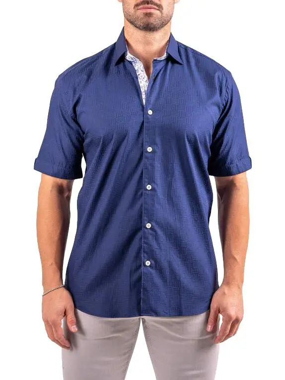MACEOO Galileo Resistance0143 Geo Jacquard Short Sleeve Cotton Button-up Shirt - Blue