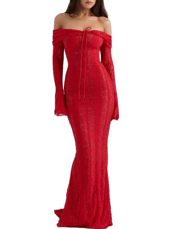 House Of Cb Belle Off-the-shoulder Long Sleeve Gown - Red