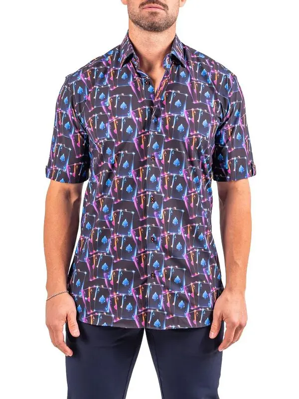 MACEOO Galileo Resistance0346 Ace Print Short Sleeve Cotton Button-up Shirt - Black