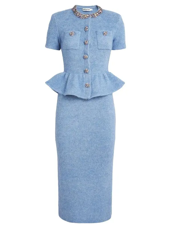 SELF-PORTRAIT Knitted Peplum Midi Dress - Blue