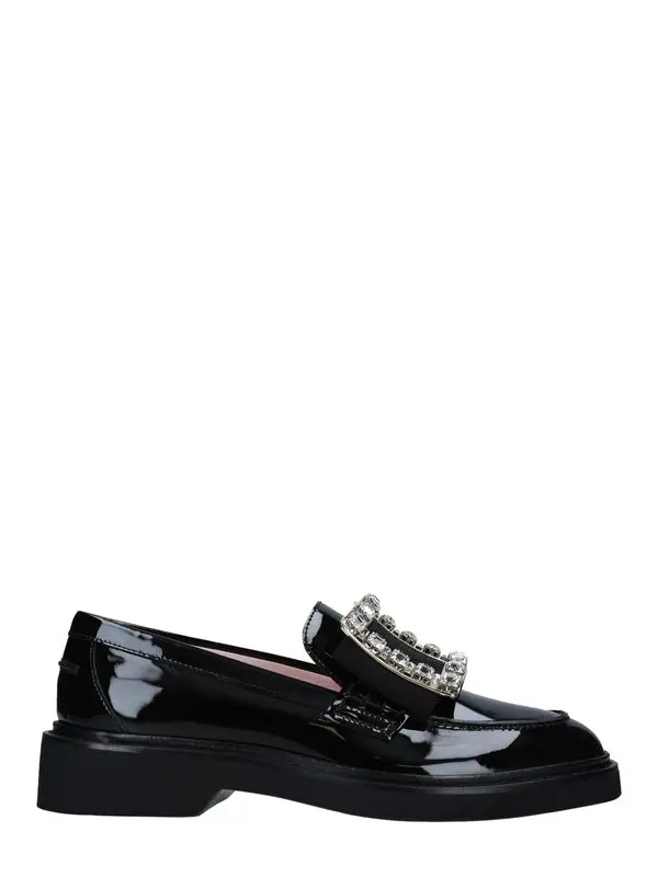 ROGER VIVIER Patent Viv' Ranger Strass Buckle Loafers - Black