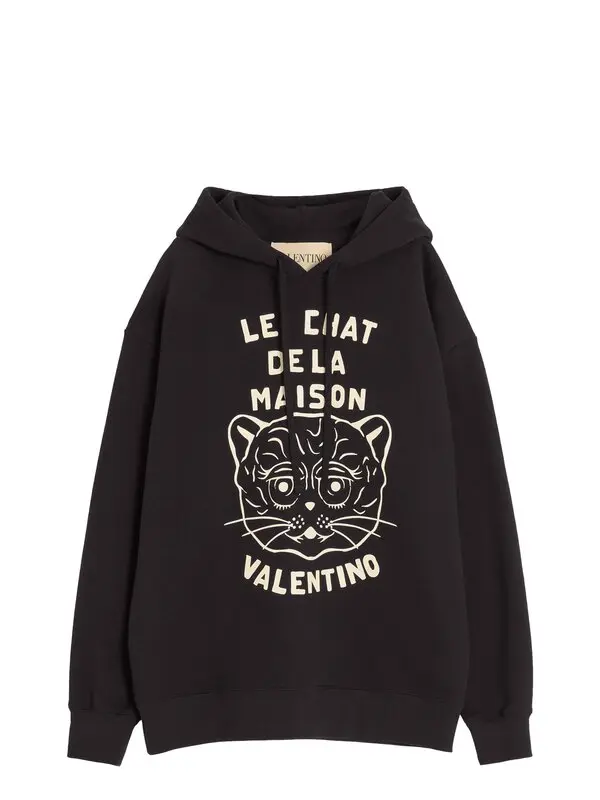 Valentino Garavani Cotton Jersey Le Chat De La Maison Hoodie - Black