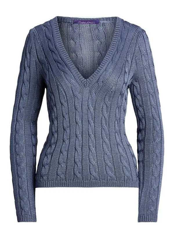 Ralph Lauren Silk Cable-knit V-neck Sweater - Blue