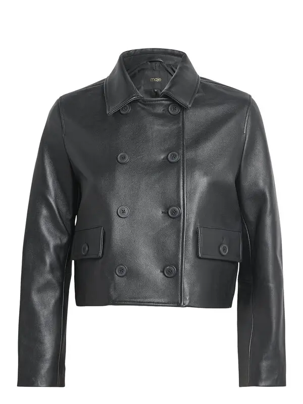 Maje Double-breasted Lambskin Leather Jacket - Black