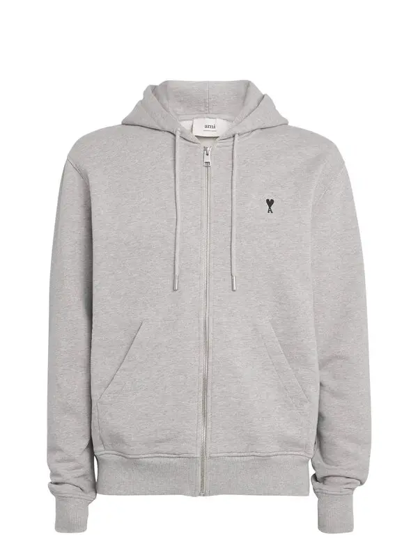 Ami Organic Cotton De Coeur Zip-up Hoodie - Grey