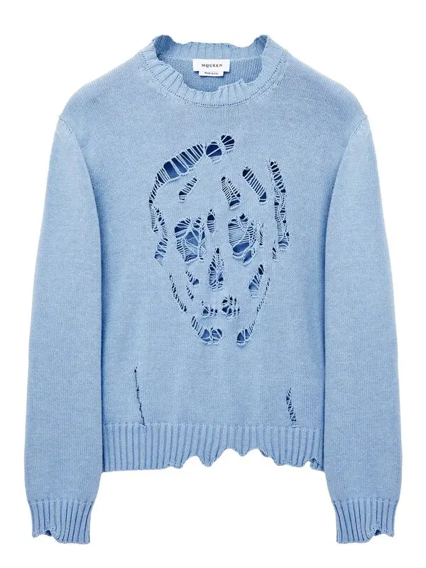 Alexander McQueen Cotton Distressed Skull Sweater - Blue