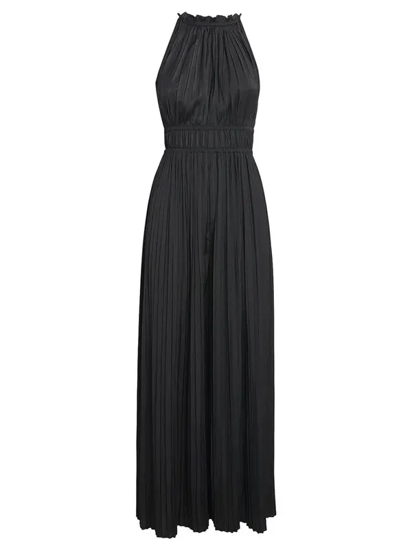 Maje Satin Pleated Midi Dress - Black