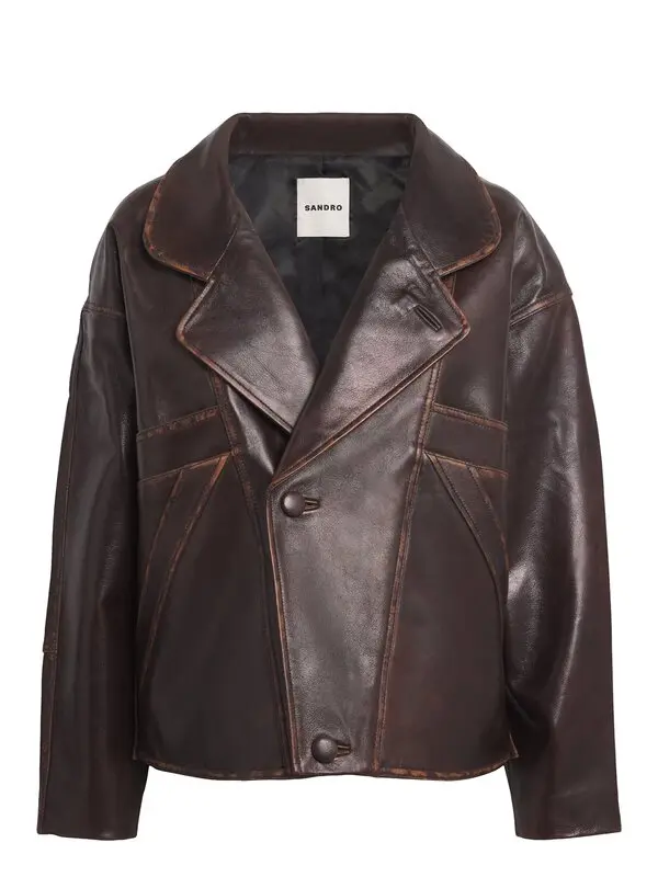 Sandro Double-breasted Leather Jacket - Brown