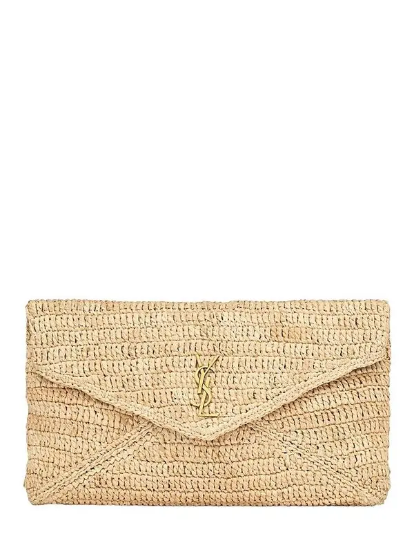 Saint Laurent Cassandre Large Envelope Pouch - Naturel + Brick Raffia/gold