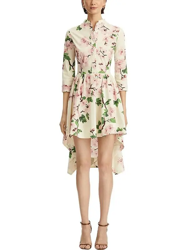 Oscar De La Renta Long Sleeve Cherry Blossom Poplin Dress - Pink/ecru