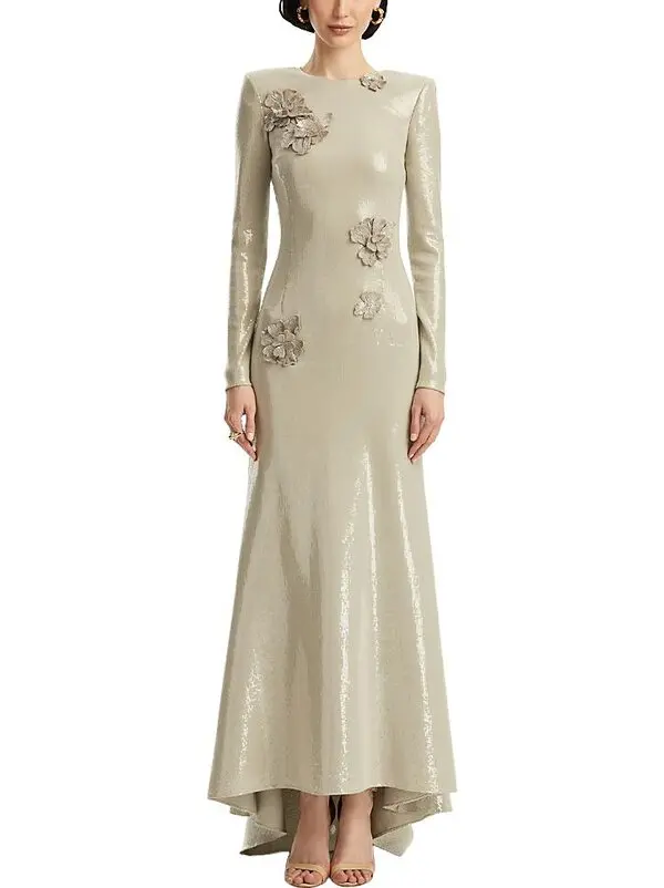 Oscar De La Renta Long Sleeve Embroidered Sequin Gown - Pewter