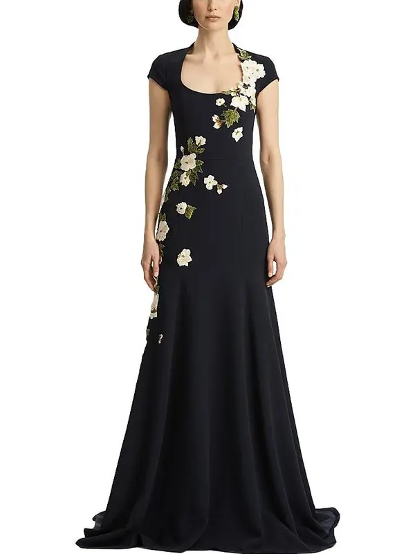 Oscar De La Renta Short Sleeve Cherry Blossom Gown - Navy