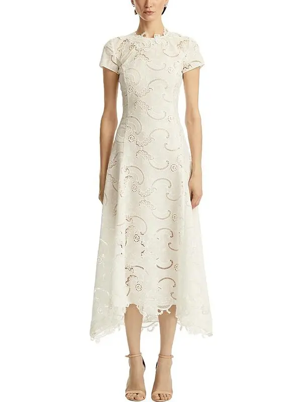 Oscar De La Renta Short Sleeve Scroll Guipure Day Dress - White