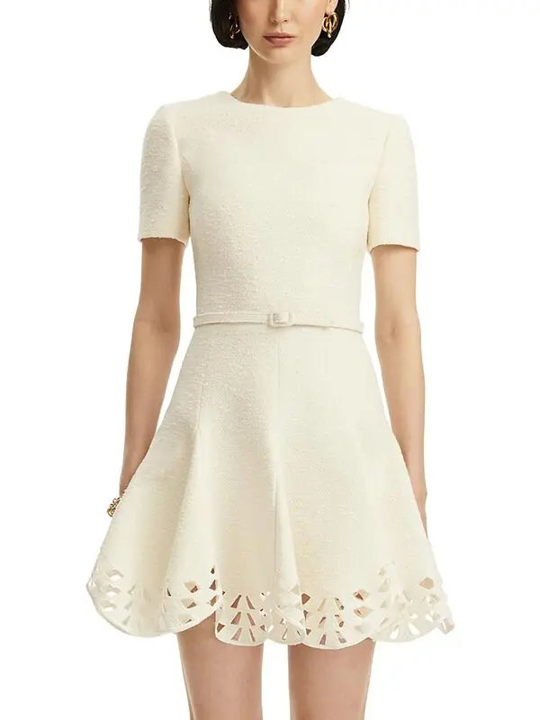 Oscar De La Renta Short Sleeve Cutout Hem Tweed Dress - Ivory