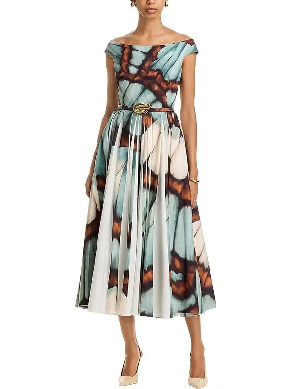 Oscar De La Renta Scoop Neck Butterfly Poplin Pleated Dress - Blue Multi