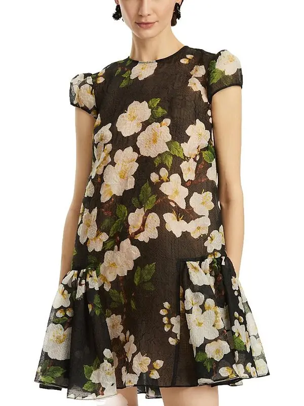 Oscar De La Renta Short Sleeve Cherry Blossom Cloque Dress - White/navy