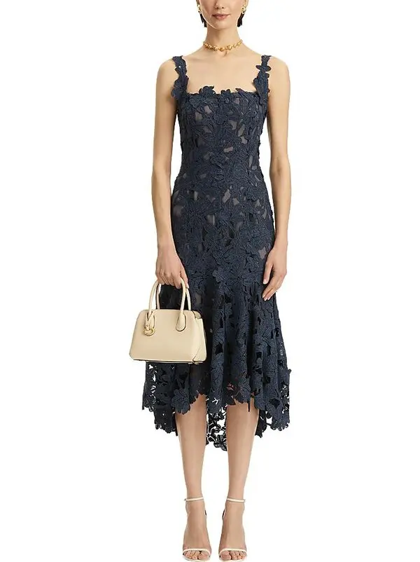 Oscar De La Renta Guipure Asymmetrical Day Dress - Denim Blue