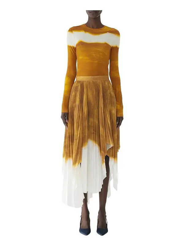 JASON WU Painted Stripe Pleated Asymmetrical Skirt - Marigold/ivory
