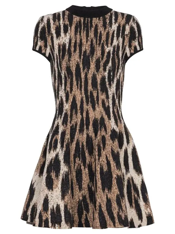 Balmain Leopard Jacquard Knit Flared Dress - Brown