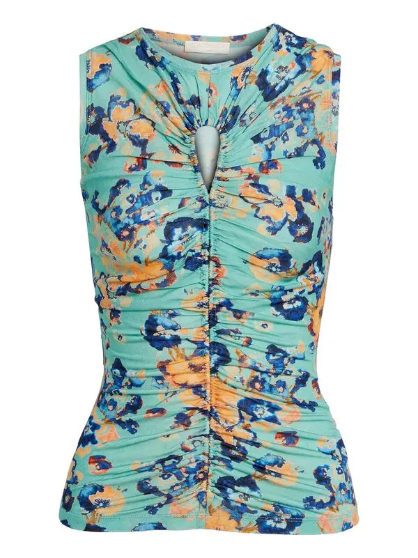Ulla Johnson Gabi Ruched Floral-print Top - Turquoise