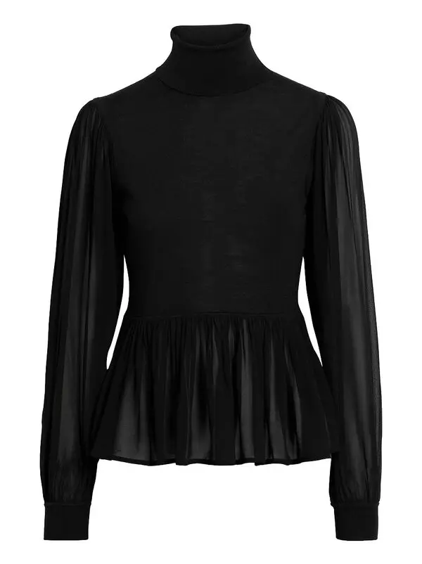 Ulla Johnson Liana Chiffon-paneled Wool And Silk-blend Turtleneck Top - Black