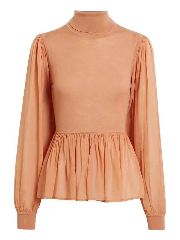 Ulla Johnson Liana Chiffon-paneled Wool And Silk-blend Turtleneck Top - Peach