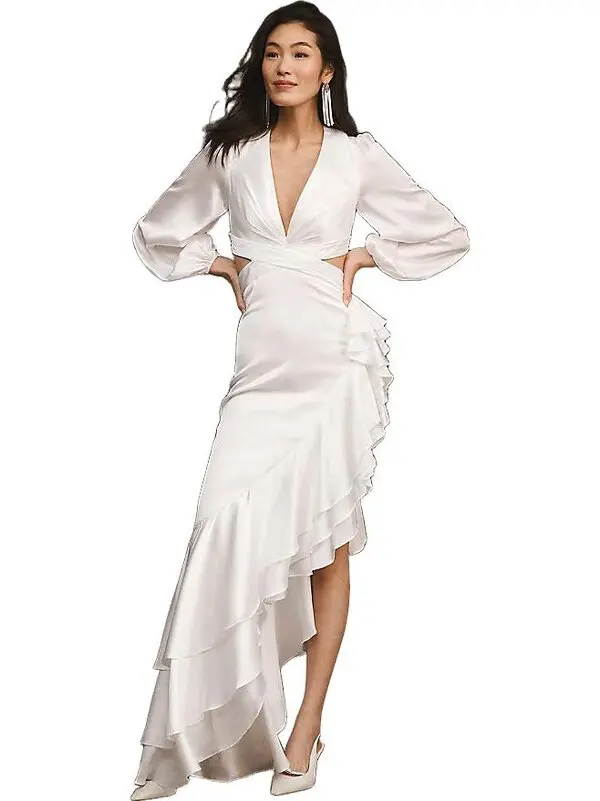 Mac Duggal Asymmetric Cutout Ruffled Gown - Ivory