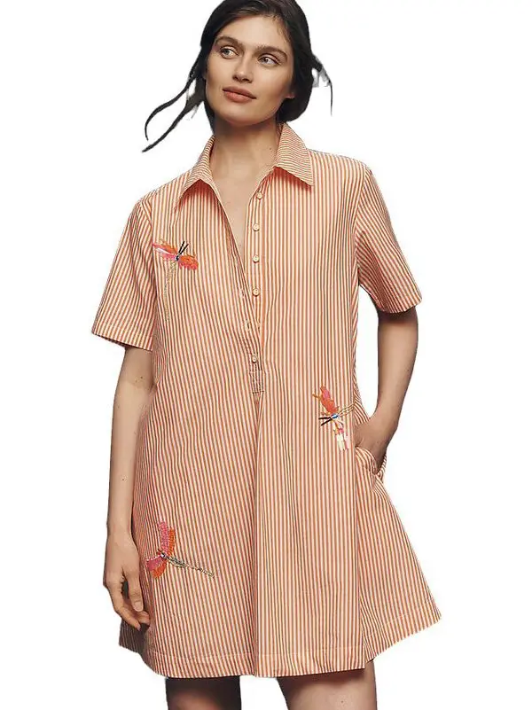 Anthropologie The Pollie Embroidered Tunic Mini Dress - Orange Stripe