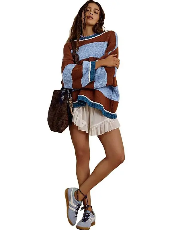Free People Colorblocked Pullover Sweater - Periwinkle Combo