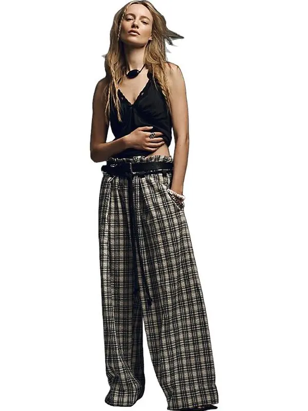 Free People Dimes Tie Plaid Trousers - Black Combo