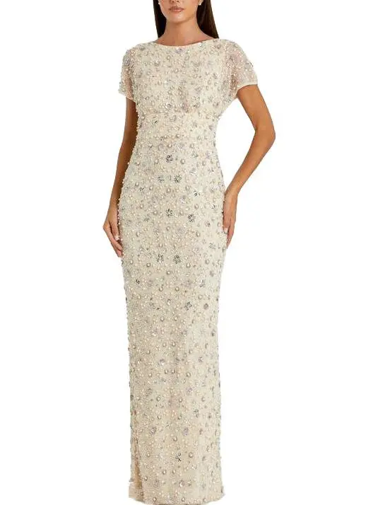 Mac Duggal Floral Embellished Mesh Gown - Oyster