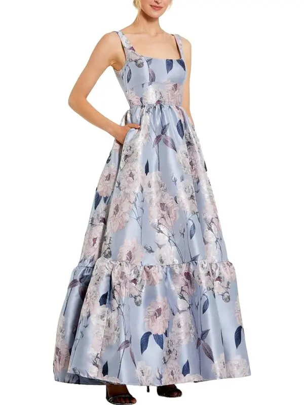 Mac Duggal Floral Brocade Scoop Neck A-line Gown - Blue Multi