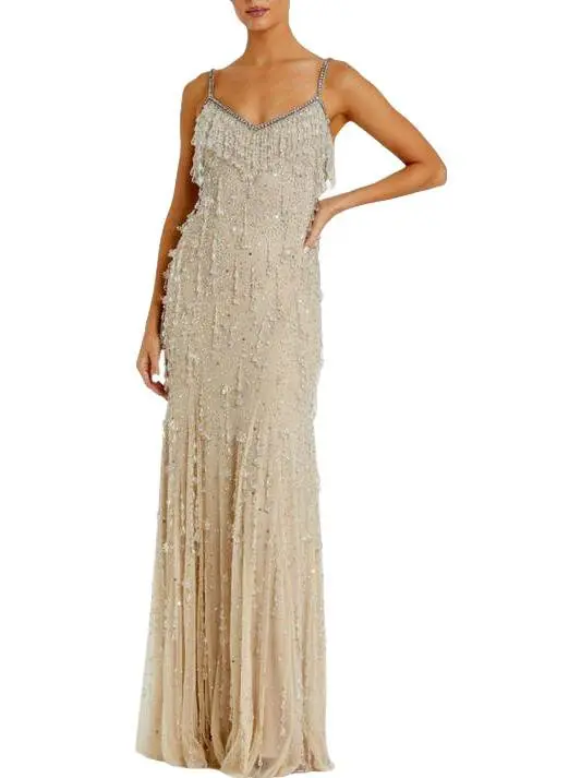 Mac Duggal Embellished V-neck Gown - Nude Silver