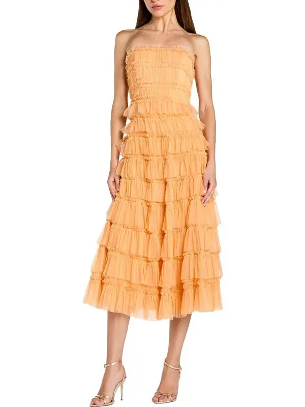 Mac Duggal Solid Mesh Micro Ruffle Strapless Midi Dress - Sherbet