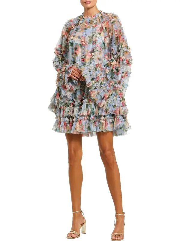 Mac Duggal Printed Mesh Ruffle Mini Dress - Blue Multi