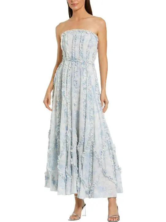 Mac Duggal Floral Print Strapless Cotton Gown With Ruffles - Blue Multi
