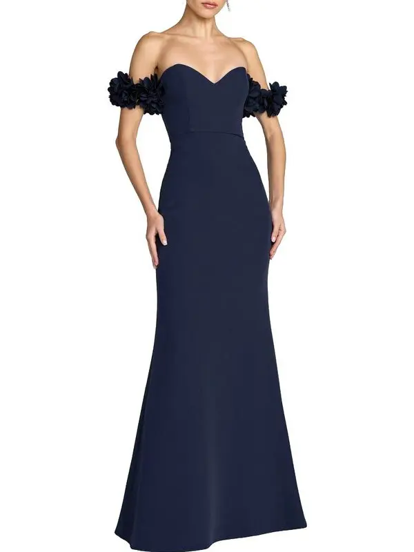Mac Duggal Off-the-shoulder Gown With 3d Floral Embellishments - Midnight
